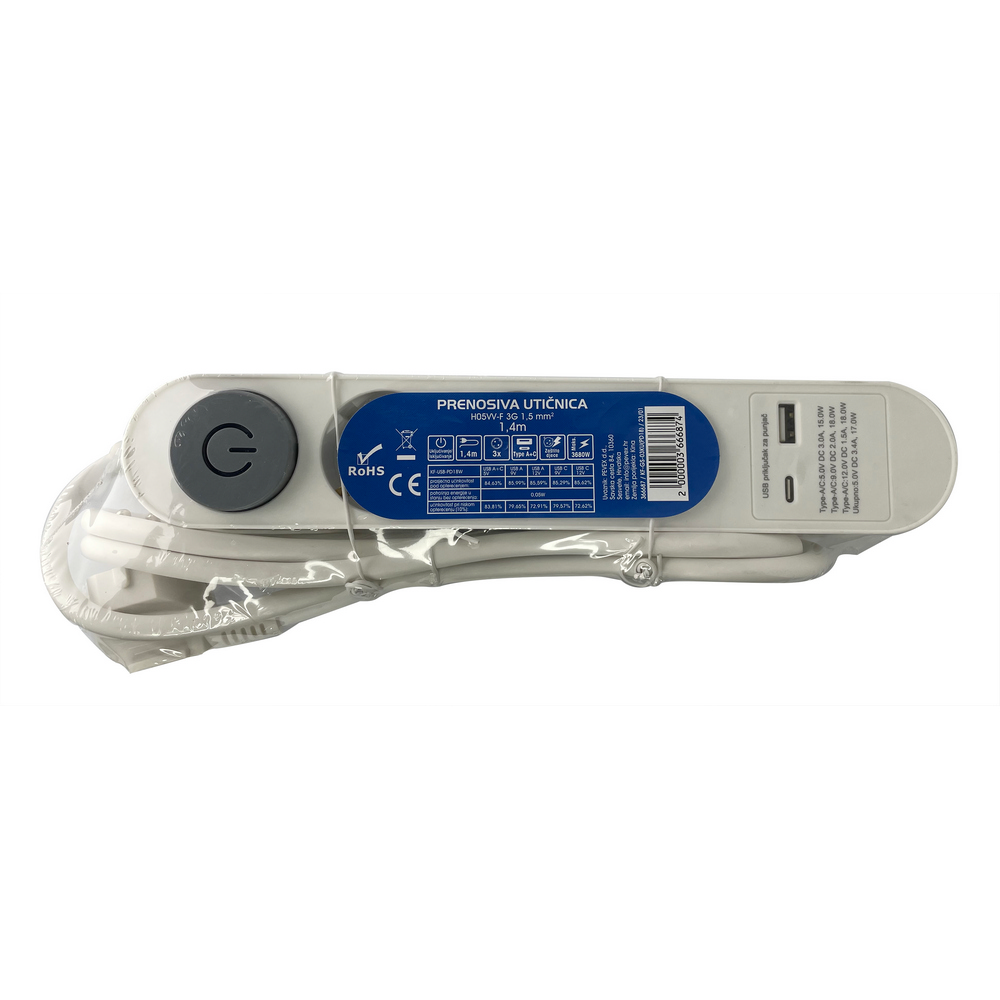 Prenosiva utičnica 3-STR,1,4m + prekidač, USB, type C | Koreqt.hr