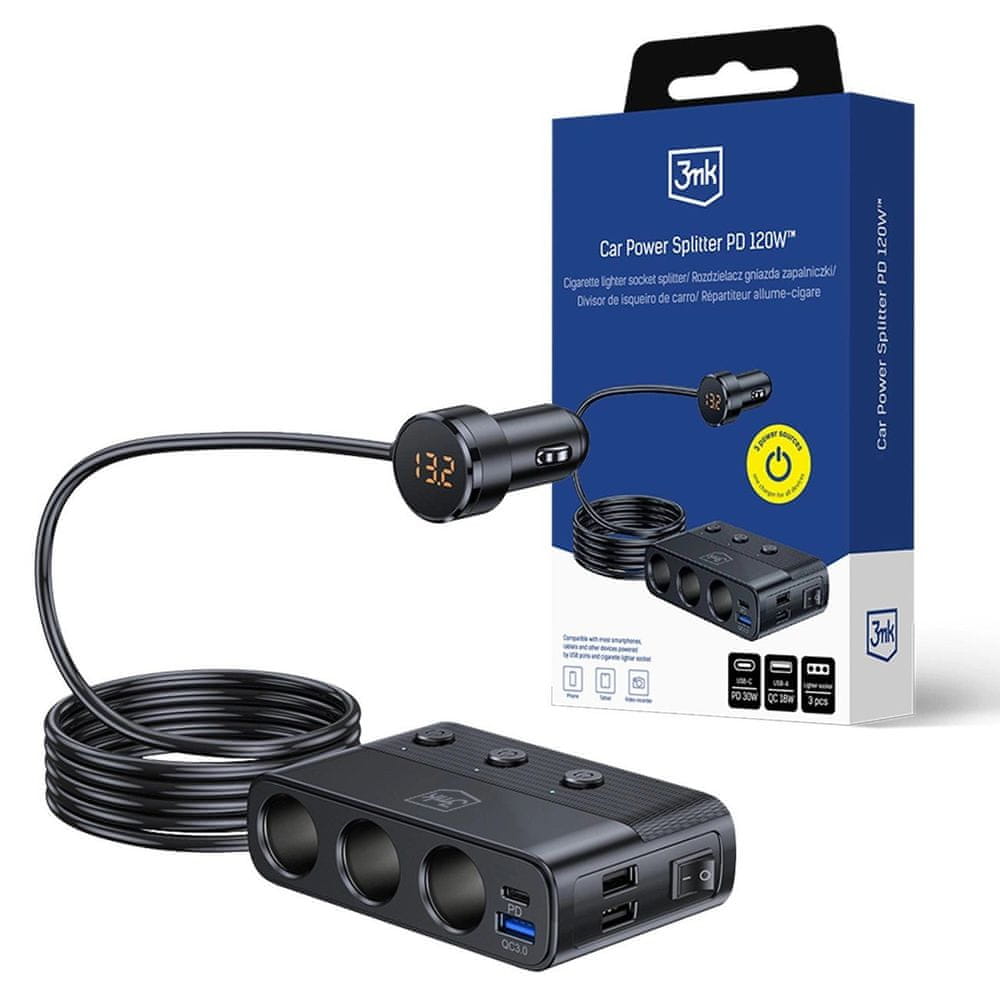 3MK Auto punjač Car Power Splitter PD 120W QC PPS, USB-C/USB-A, crni ...