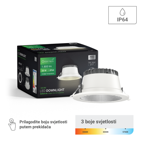 GREEN TECH LED downlight, 20 W, 3CCT, IP64, Ø145–155 mm | Koreqt.hr