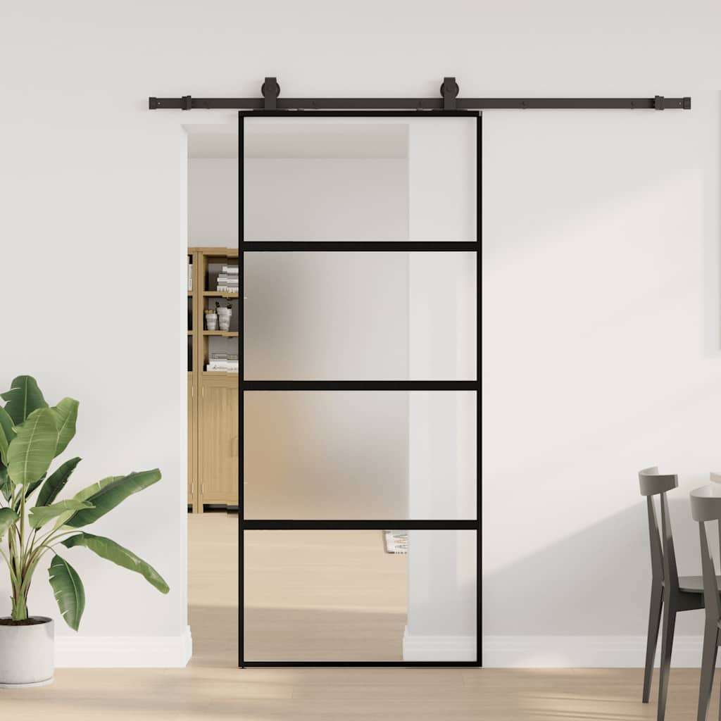 Klizna vrata s priborom crna 90 x 205 cm kaljeno staklo crna i matirano ...